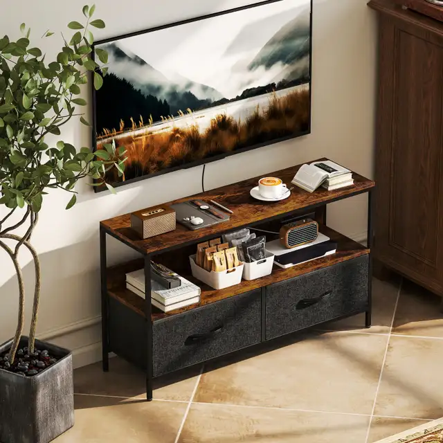 TV Stand with Charging Station, TV Table with 2 Foldable Linen D | Home ...