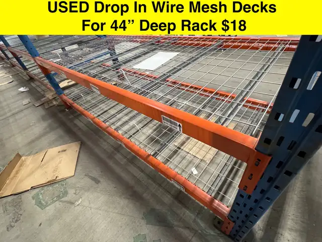 Used rack frames 10' tall $75 each, 8' beams $20, wire mesh $18 ...