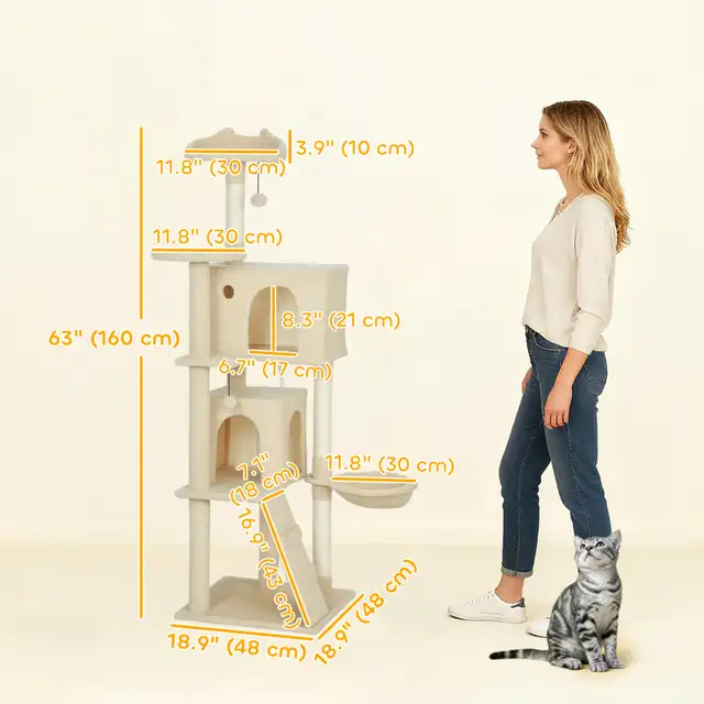 63 Inch Cat Tree with Sisal Scratching Posts, Condos, Plush Perc ...