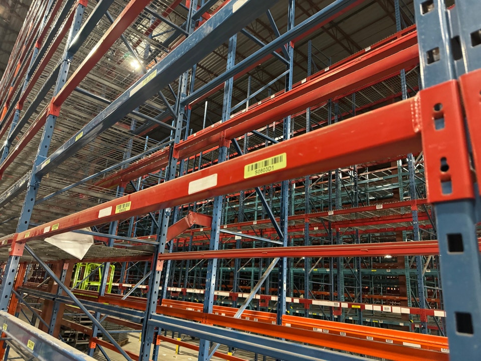 Used 8’ long x 2” thick RediRack beam with light duty mesh decks ...