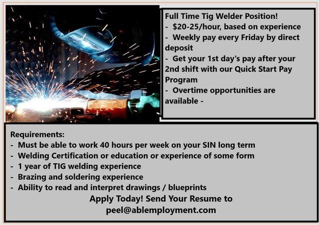 EXPERIENCED TIG WELDER POSITION IN MISSISSAUGA! | Construction & Trades ...