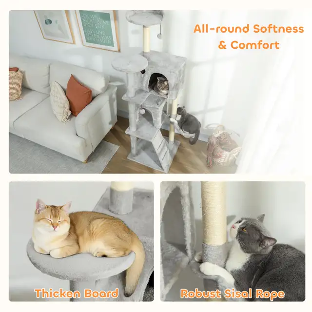 63 Inch Cat Tree with Sisal Scratching Posts, Condos, Plush Perc ...