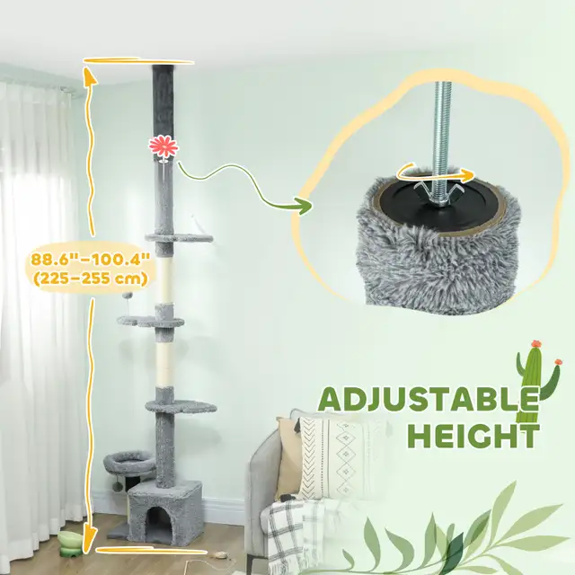 Floor to Ceiling Cat Tree, 4 Tiers Tall Kitty Climbing Tower wit ...