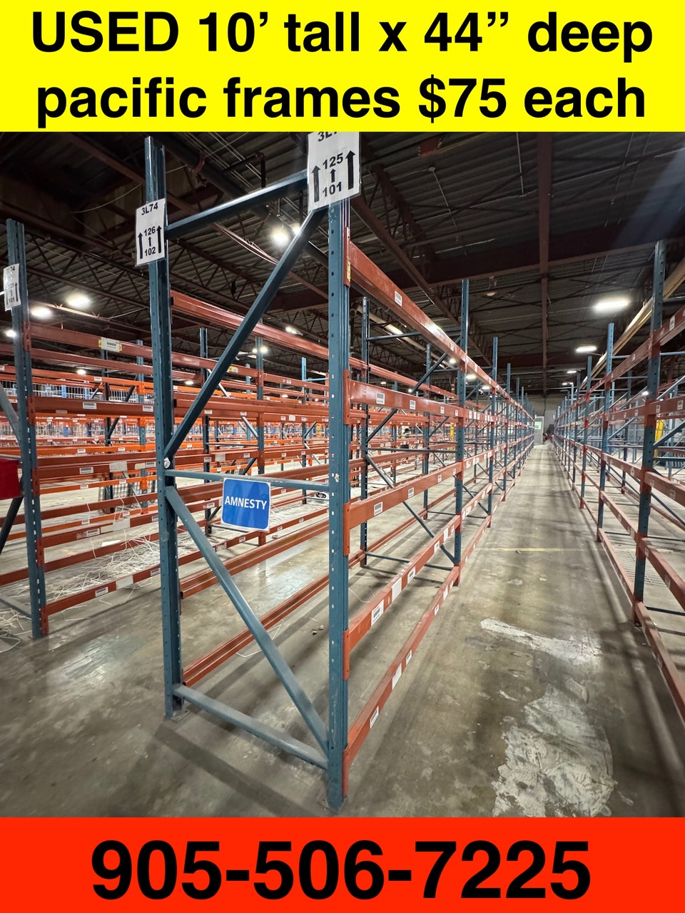 Used rack frames 10' tall $75 each, 8' beams $20, wire mesh $18 ...