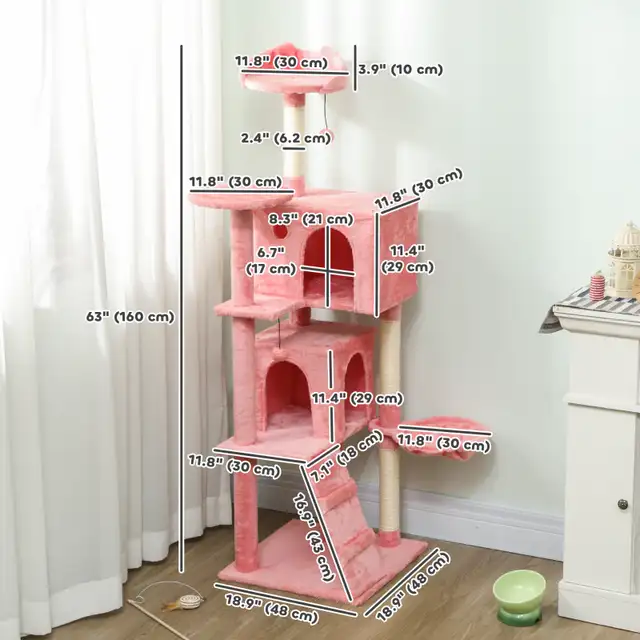 63 Inch Cat Tree with Sisal Scratching Posts, Condos, Plush Perc ...