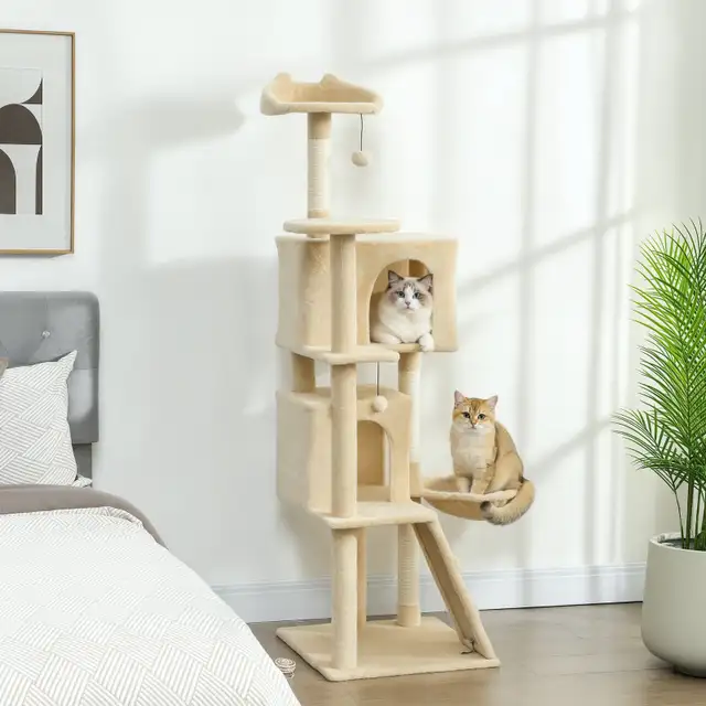 63 Inch Cat Tree with Sisal Scratching Posts, Condos, Plush Perc ...