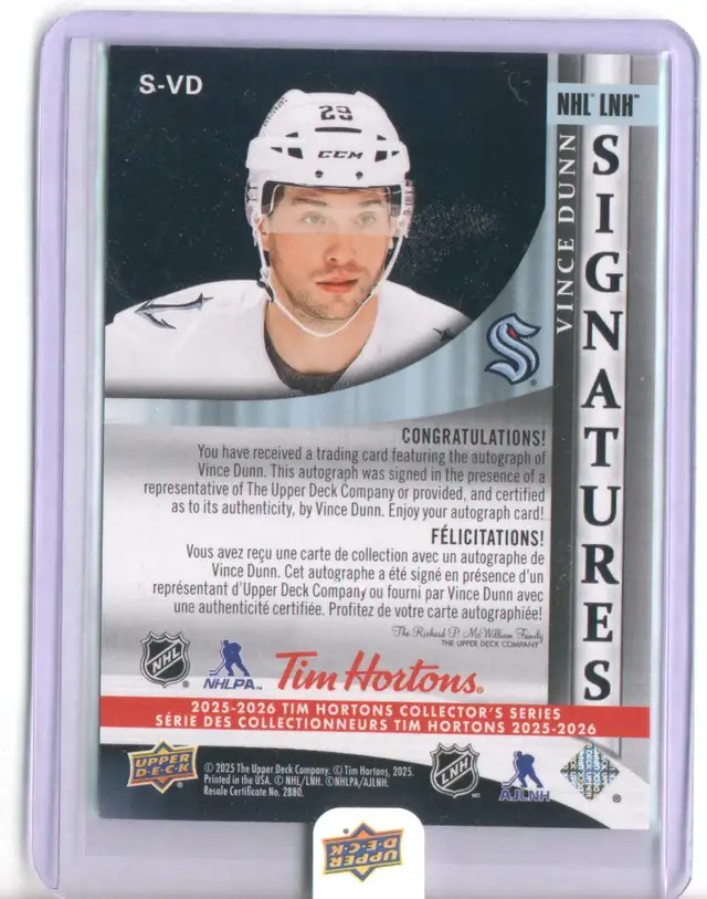 25-26 Upper Deck Tim Hortons Signatures Vince Dunn Kraken | Arts ...