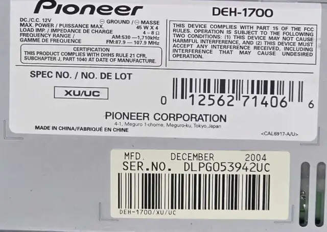 Pioneer Car Stereo Model DEH-1700 CD Player AM/FM Tuner | Stereo ...