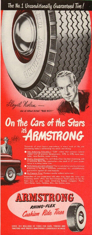1949 Half-page magazine ad for Armstrong Tires with Lloyd Nolan | Arts ...
