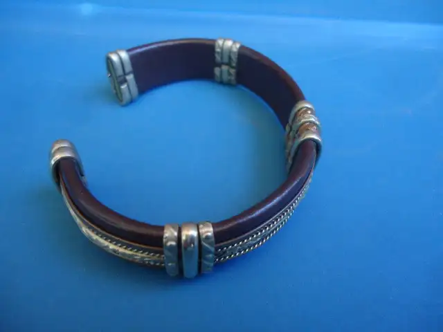 SILVER COPPER LEATHER BRACELET EXPANDABLE BEAUTIFUL MENS/WOMENS ...
