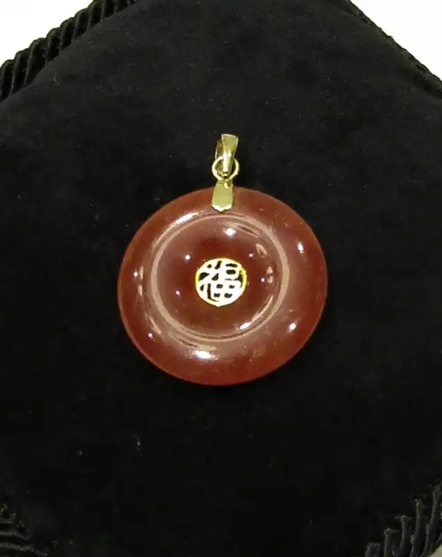 14 KT. GOLD & RED JADE "CIRCLE OF LIFE GOOD LUCK" PENDANT,BOXED ...