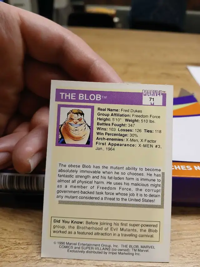 Marvel Comics 1990 The Blob Card | Arts & Collectibles | City of ...