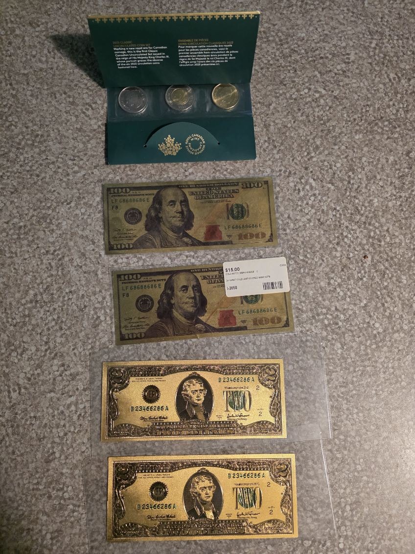 24k gold leaf covered U.S. notes, Canadian coins | Arts & Collectibles ...