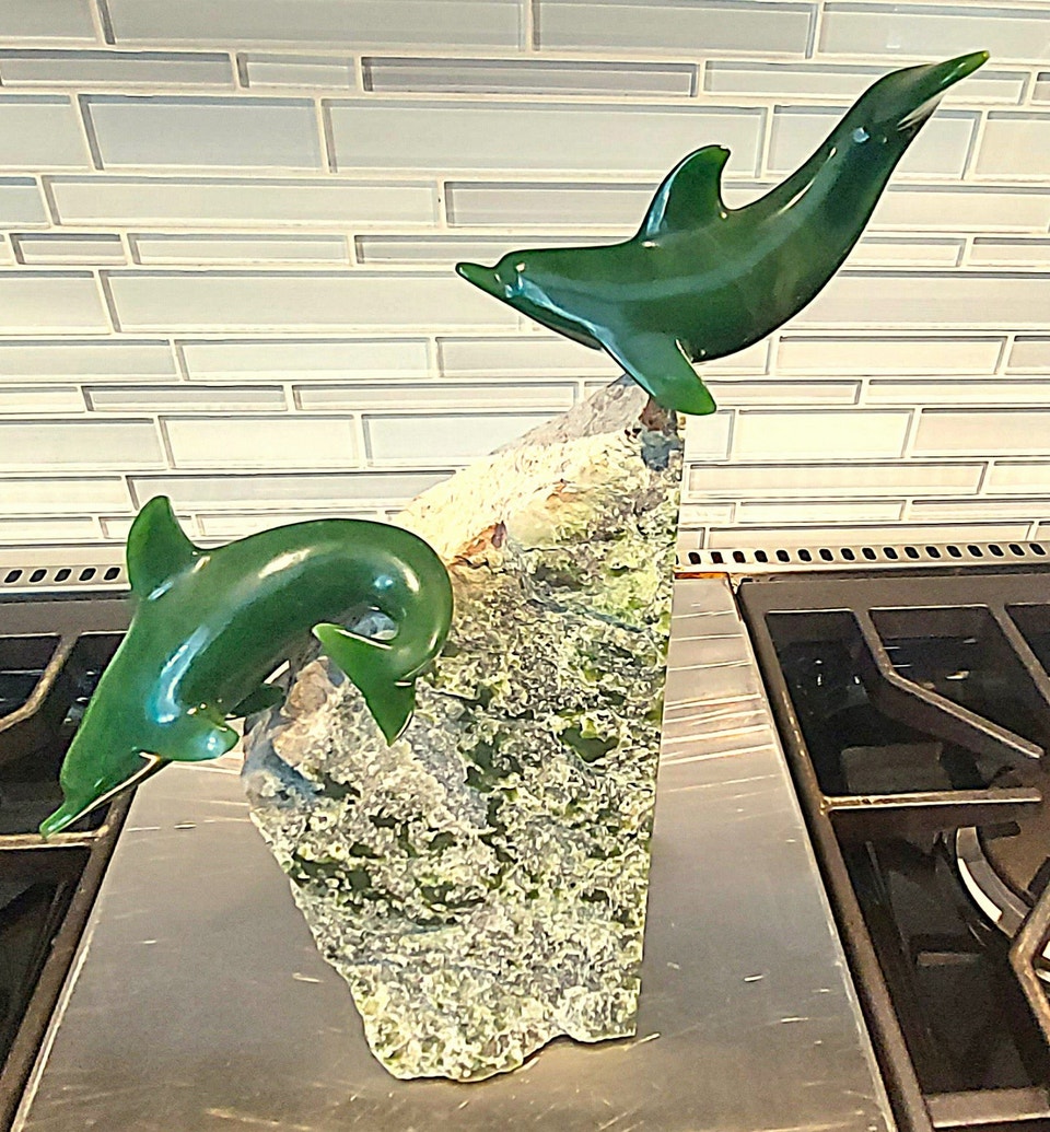 DAVID WONG B.C.JADE CARVING 2 DOLPHINS ENJOYING THE WAVES | Arts ...