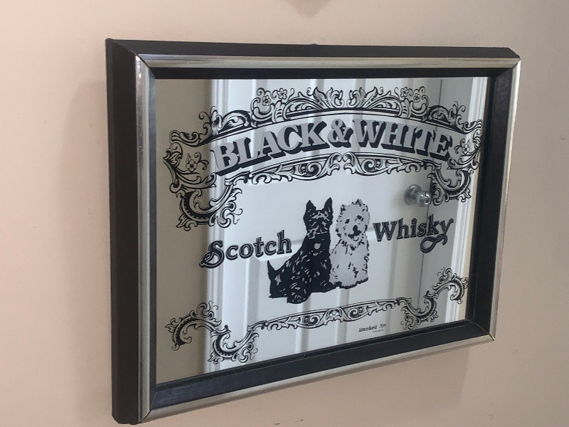 Vintage 2 tone framed Black N White whiskey mirror bar sign | Arts ...