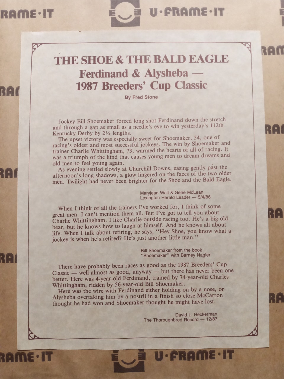Fred Stone "The Shoe & The Bald Eagle 1987 Breeders Cup Classic" | Arts ...