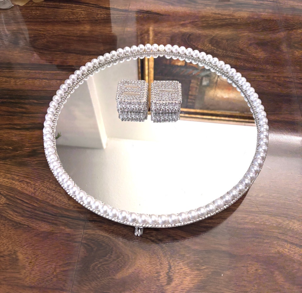 Round mirror tray with faux pearl and silver rhinestones | Home Décor ...