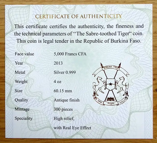 2013 Burkina Faso: Smilodon Sabre-Toothed Tiger, 4oz,.999 Silver | Arts ...