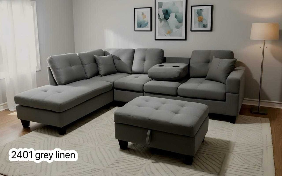 L-Shape Linen Sectional Sofa with Chaise and Storage Ottoman | Couches ...