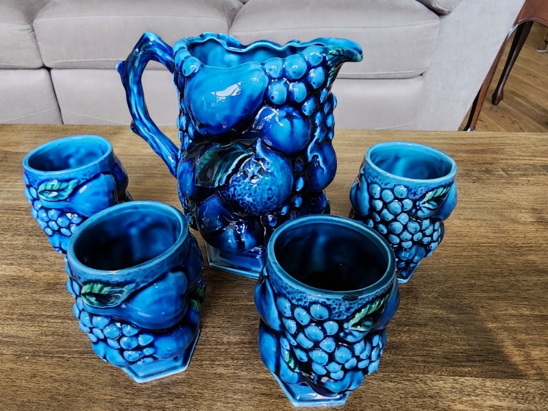 Mid Century Inarco Blue Mood Indigo Juice Pitcher and 4 Glasses | Arts ...