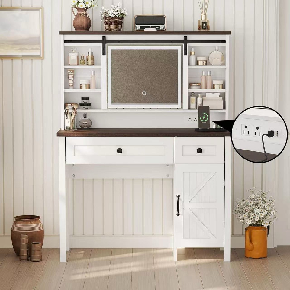 Farmhouse Makeup Vanity Desk with Power Outlet 42" W Vanity | Dressers ...
