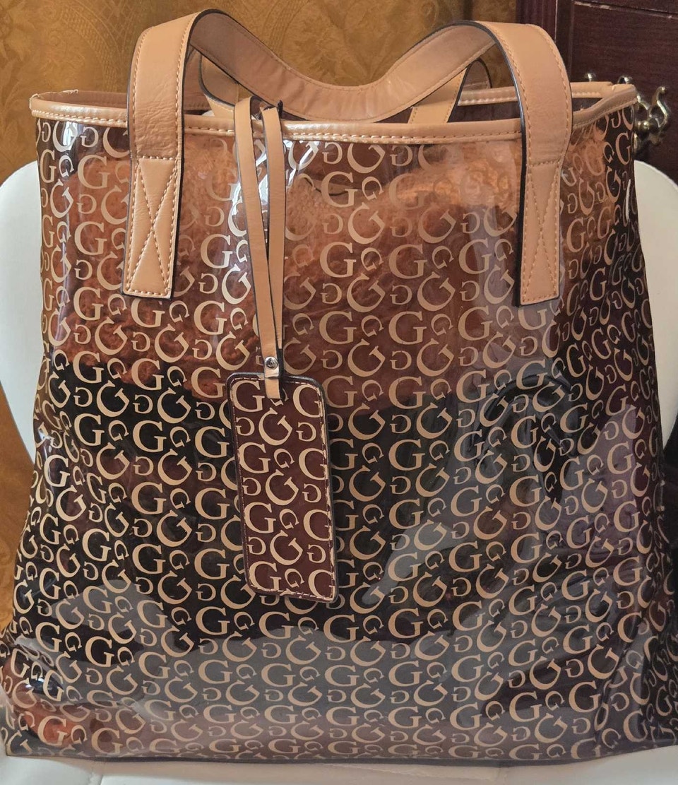 Guess Transparent / Clear Brown / Tan Large Tote Bag | Bags & Luggage ...