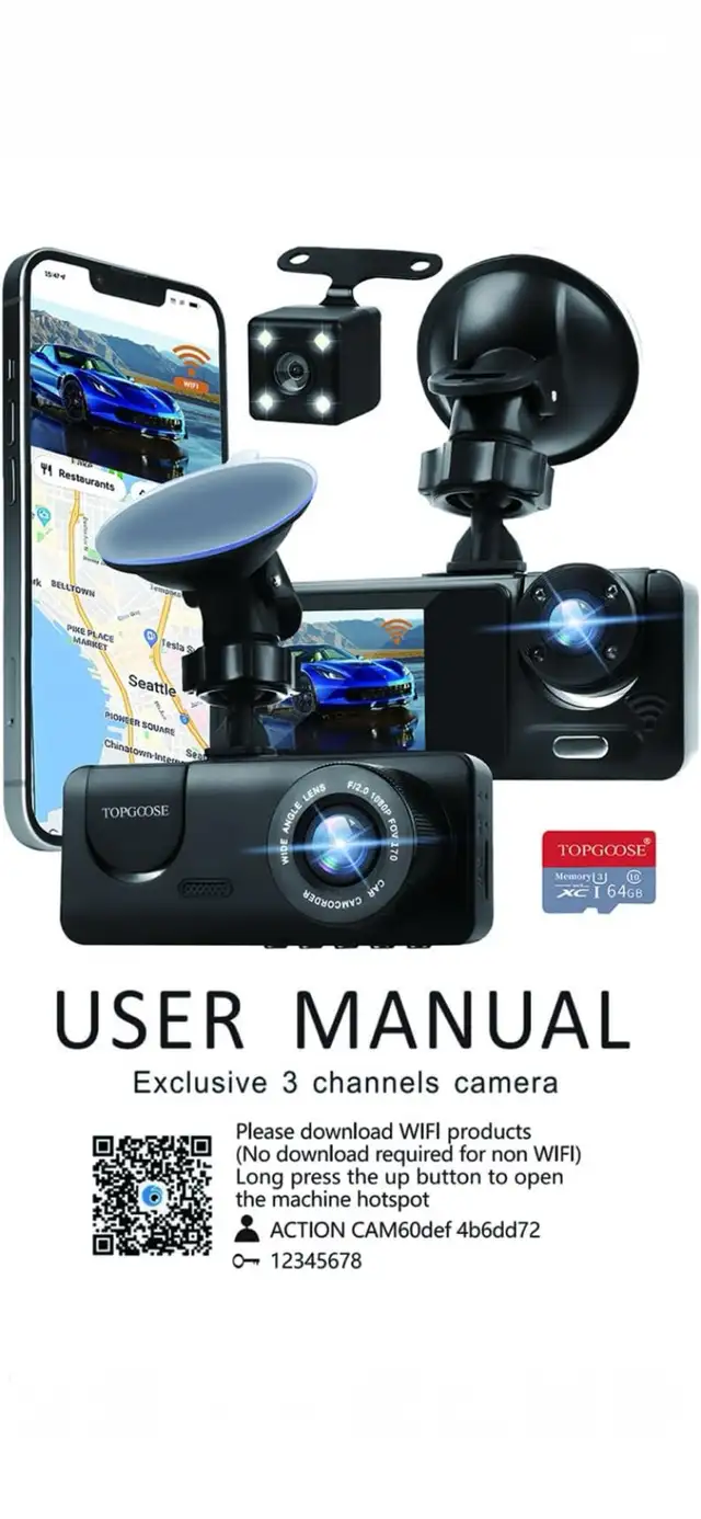 3 Channel Dash Cam WiFi FHD 1080P Car Camera 64GB TF Card | Cameras ...