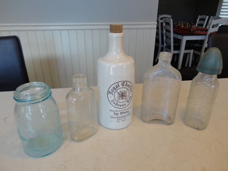 Set of 4 Vintage Bottles -Stork Baby Bottle, BC Distillery +more | Arts ...