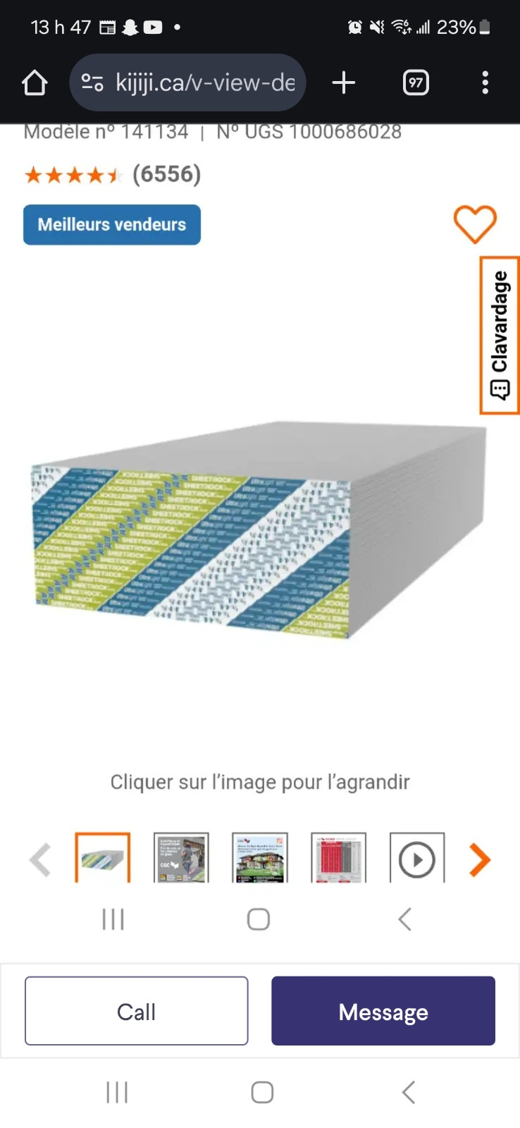 4x gypes neufs CGC Sheetrock 1/2 po x 4 pi x 8 pi - Ultra Léger ...