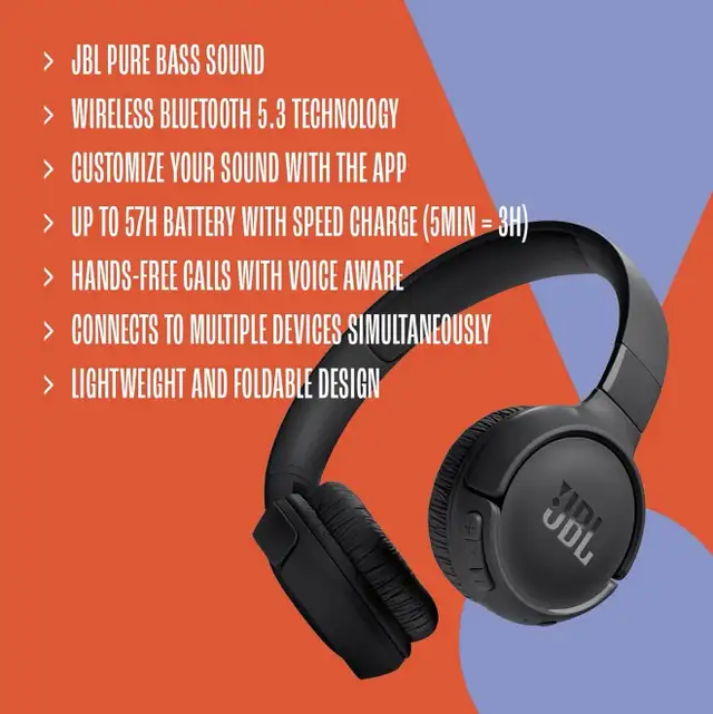 JBL Tune 520BT - Wireless On-Ear Headphones, Up to 57H Battery L ...